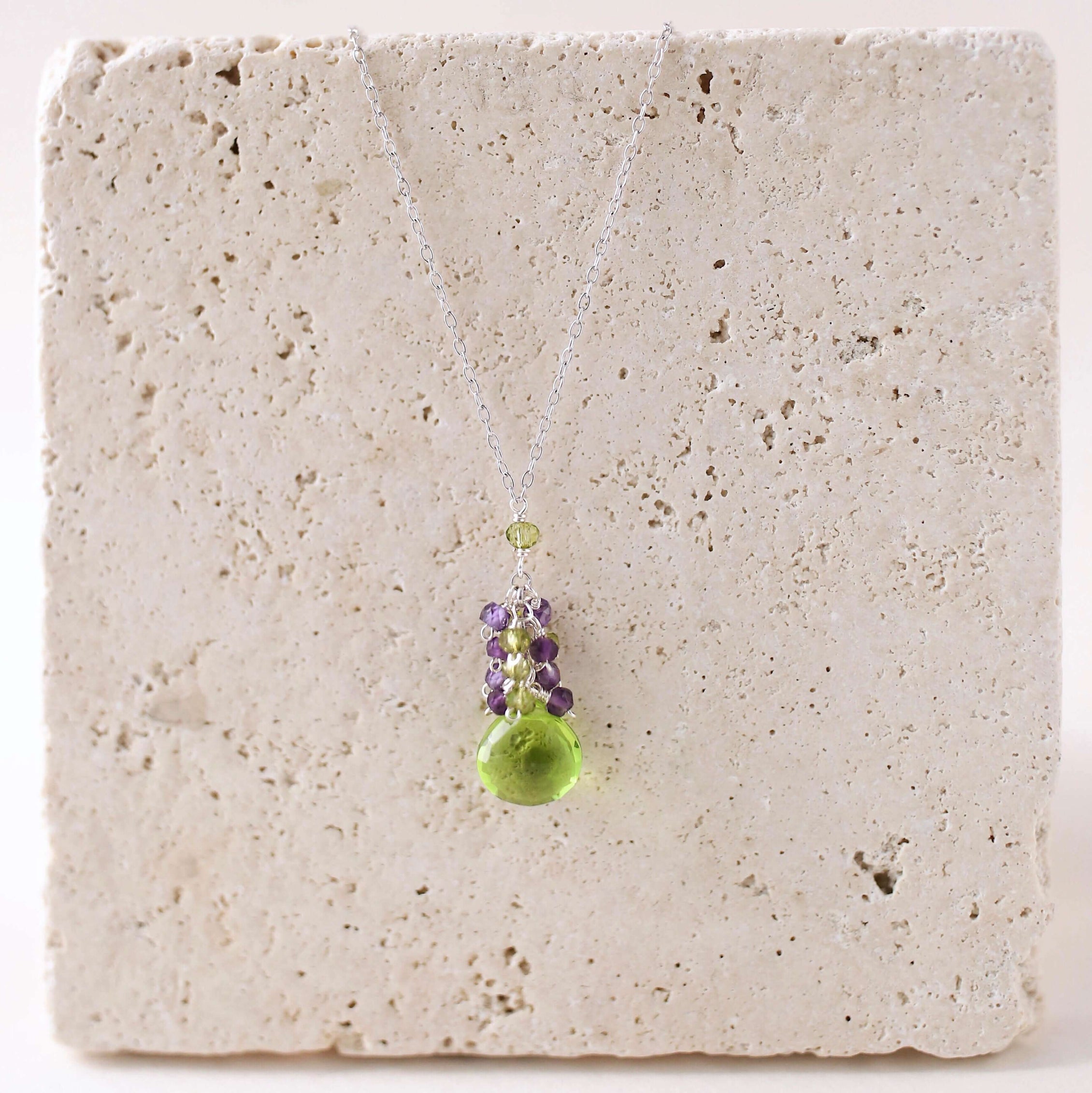 Peridot Quartz and Silver Necklace - Amethyst Gemstone Cluster Necklace ...